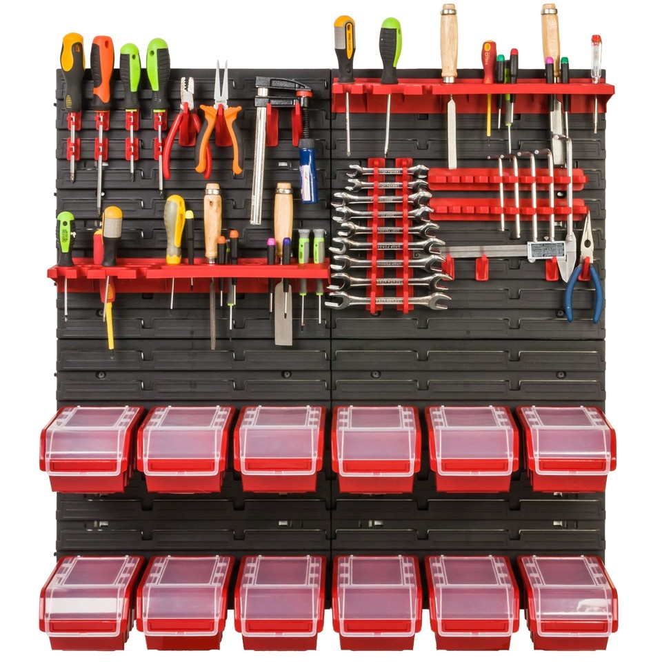 WALL MOUNTED TOOL PEG BOARD SET GARAGE STORAGE BINS WORKSHOP RACK SHED ...