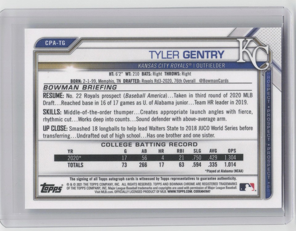 2021 Bowman Chrome #CPA-TG Tyler Gentry Prospect Autographs | eBay