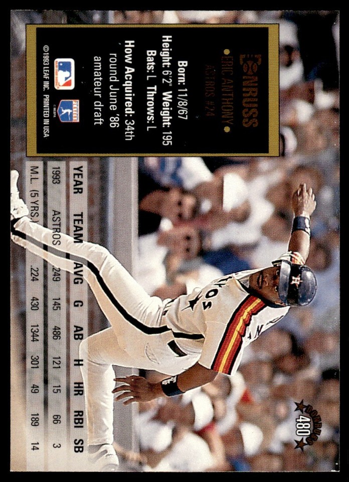 1994 Donruss Baseball Card Eric Anthony Houston Astros #480 | eBay