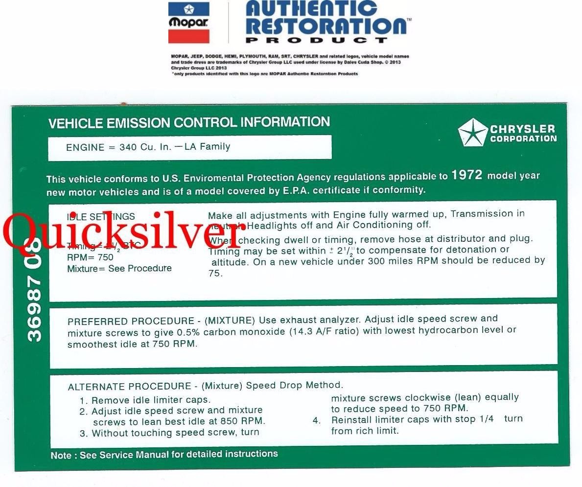 1972 Dodge Plymouth 340 4bbl Automatic Trans Emissions Decal 3698708 ...