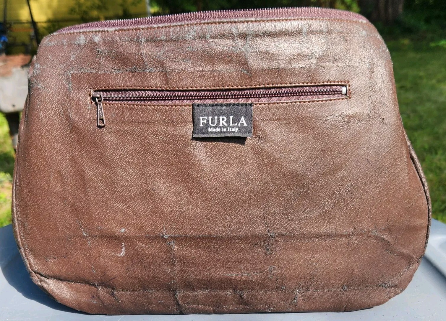 FURLA BROWN PEBBLED LEATHER SHOULDERBAG W/SIGNATURED SILVER STRAP ...