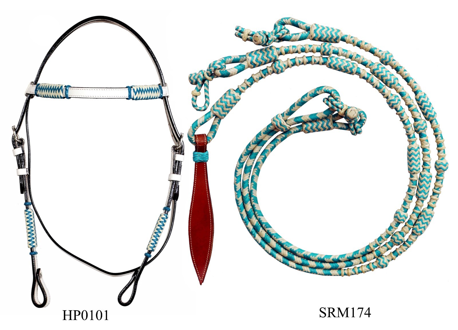 RSI Set of Western Leather Headstall Bridle White Turquoise Rawhide ...