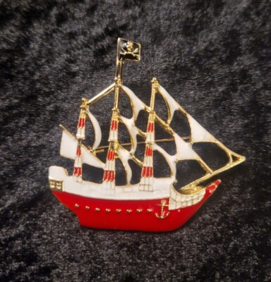 Red Enamel Sailing Boat Brooch Ship Yacht Broach Vintage Art Deco Look ...