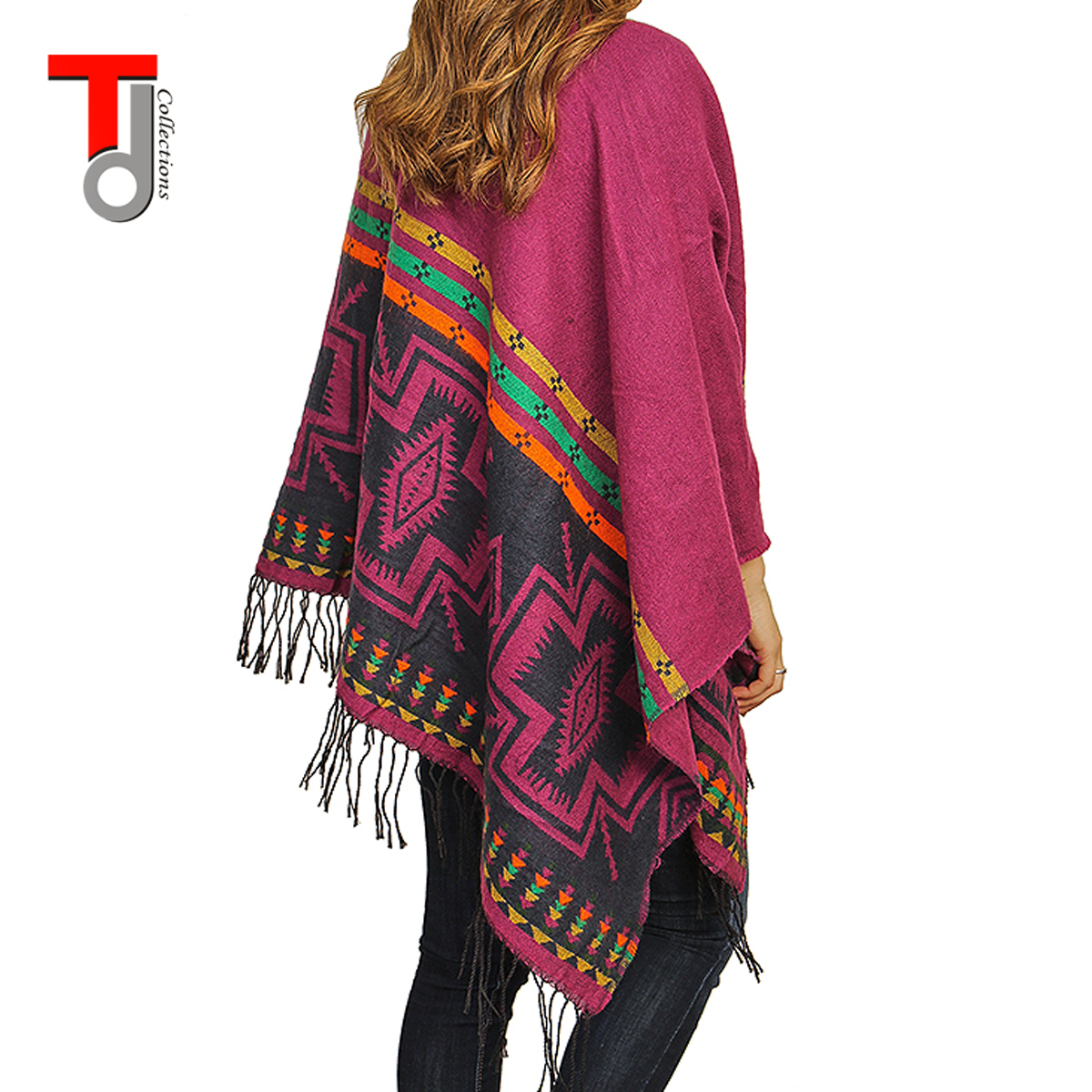 Winter Aztec Kimono New Print Fringed Colorful Oversize Poncho Blanket ...