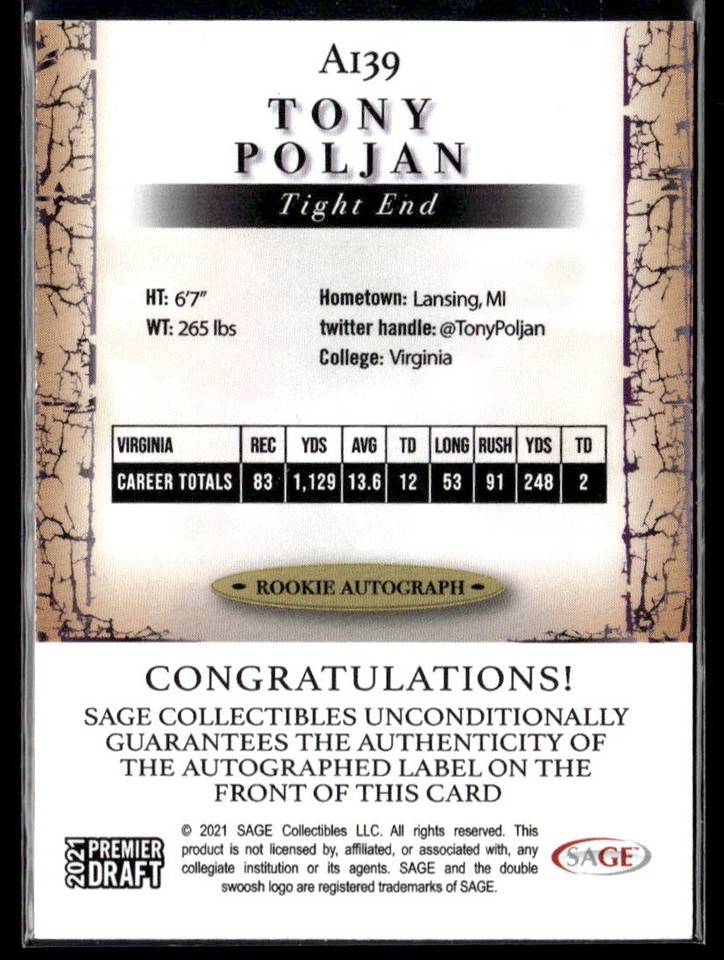 2021 SAGE Premier Draft TONY POLJAN #A139 RC AUTO RED BALTIMORE RAVENS ...