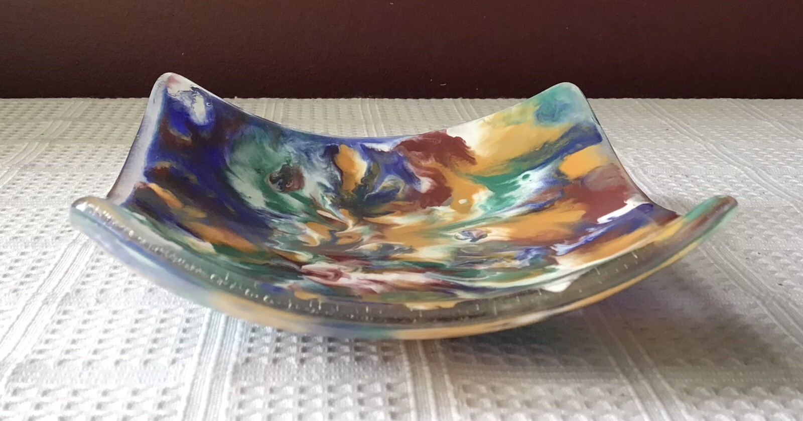 Vintage Greek Mixaha Polychrome Square-Shaped Art Glass Bowl, 5 1/2”W ...