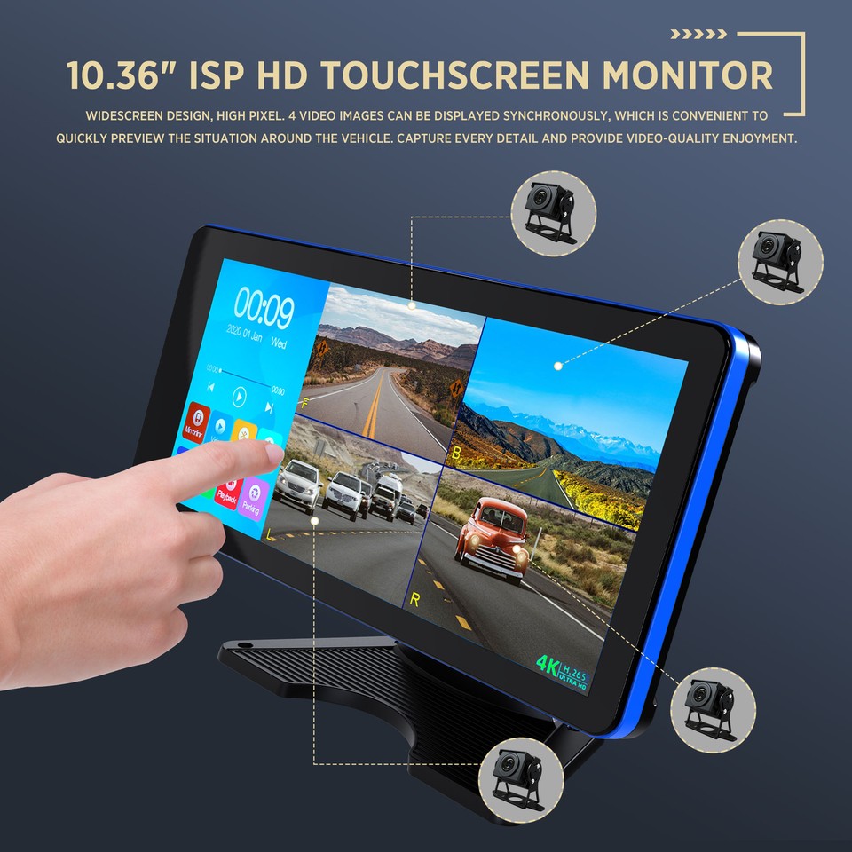 4 Channel 4K Dash Cam for Cars, Trucks and RVs w/10.36" Quad Split ...