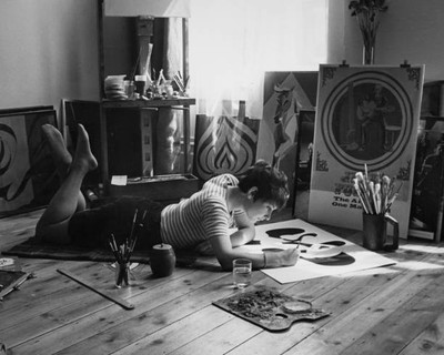 British artist Carlotta Barrow working a picture floor of studio i- Old ...