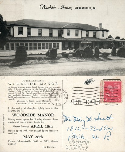 SCHWENKSVILLE PA PERKIOMEN VALLEY PA WOODSIDE MANOR HOTEL 1954 VINTAGE ...
