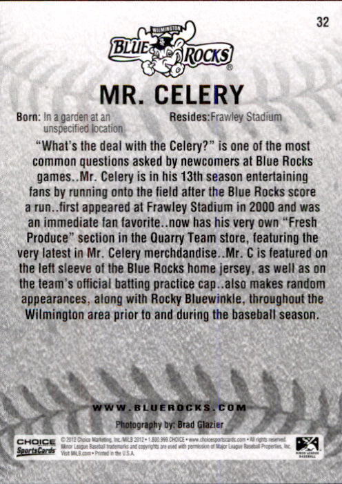 2012 Wilmington Blue Rocks Choice #32 Mr. Celery MASCOT - NM Baseball ...