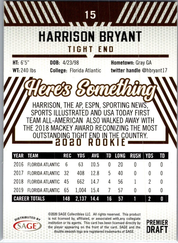 2020 SAGE HIT #15 Harrison Bryant Red | eBay