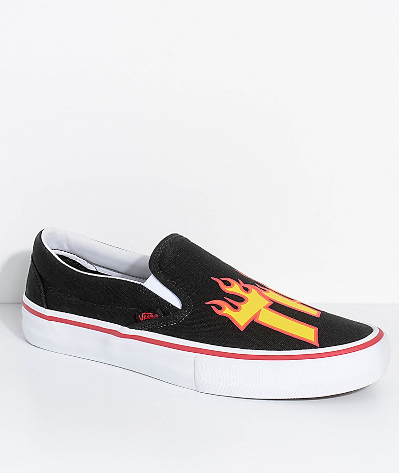 NEW! Vans x Thrasher Slip-On Black Skate Shoes Mens Womens Black Flames ...