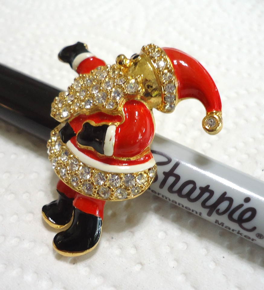 Vintage Metal & Rhinestone Realistic Button SANTA CLAUS 1 3/4" X 1 5/8 ...