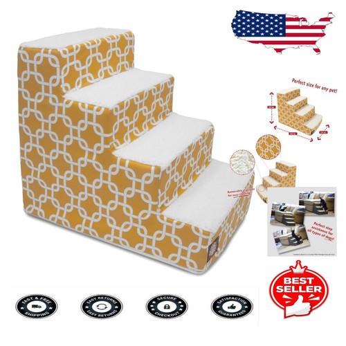 Portable 4-Step Dog Stairs in Links Yellow for Pets Up to 25 lbs - Easy ...