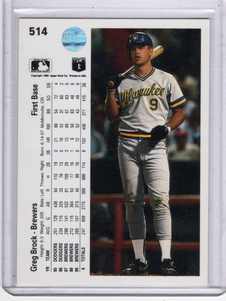 1990 Upper Deck #514 Greg Brock Autograph Trading Card FREE SHIP | eBay
