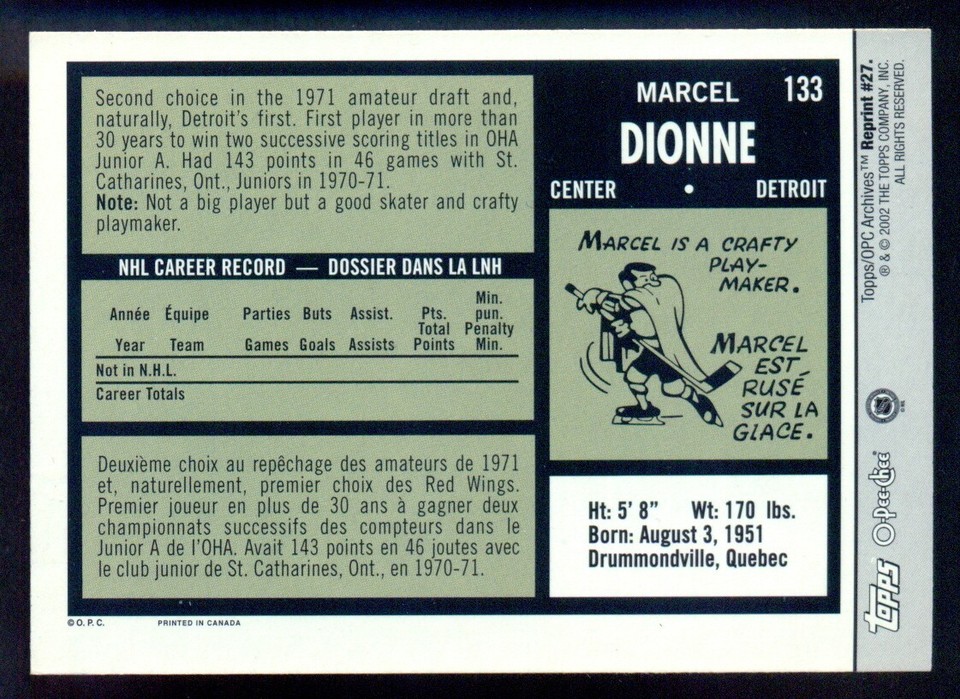 1971-72 o-pee-chee Hockey #133 Marcel Dionne HOF RC MINT RedWings ...