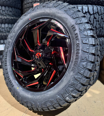 4) 20x9 Fuel D755 Reaction Red Wheels Rims 33" AT Tires 6x5.5 Dodge Ram ...