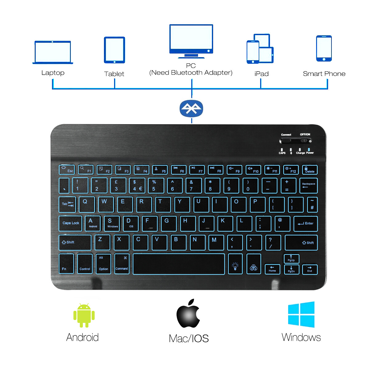 LED Rechargeable Wireless Bluetooth Keyboard For MAC iOS Android PC ...
