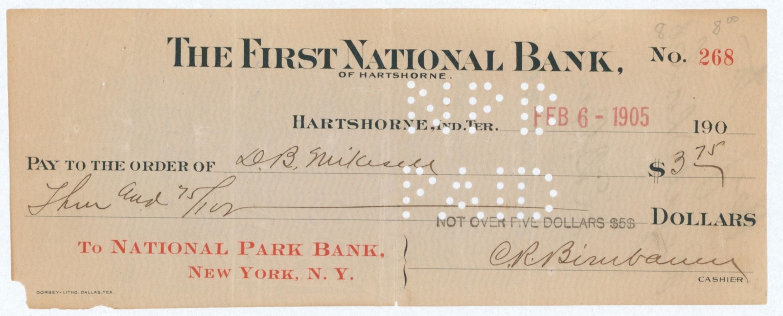 1905 Hartshorne Indian Territory OK First National Bank Check Draft ...