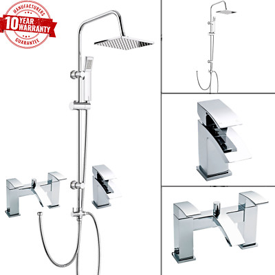 3 Way Square Rigid Shower Riser Kit Waterfall Bath Shower Mixer Tap ...