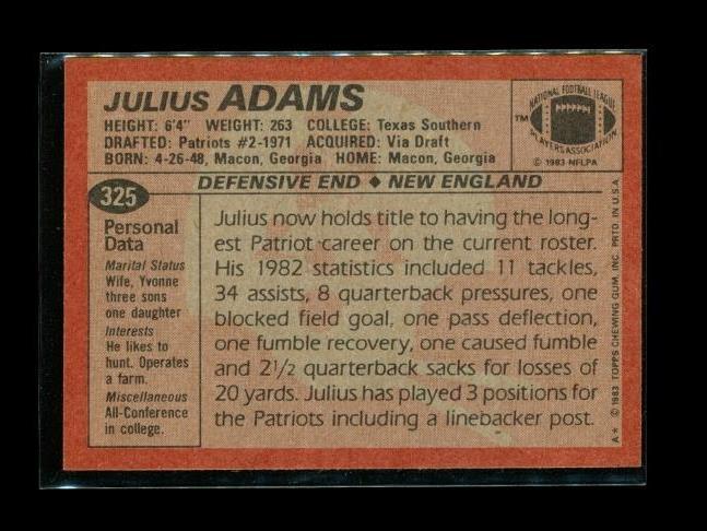 Vintage 1983 TOPPS Football Trading Card #325 JULIUS ADAMS New England ...