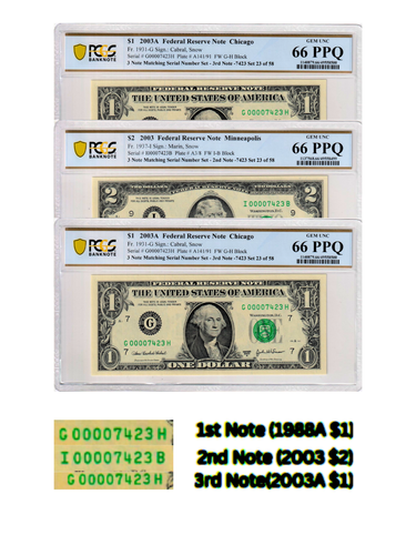 $1 and $2 Set of 3 MATCHING SERIAL NUMBERS (00007423) PCGS Graded 64/66 ...