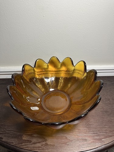 Blenko Art Glass Amber Lotus Flower 14 Petal Scalloped Edge Bowl 10 1/2 ...