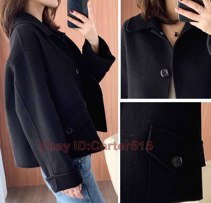Women's 100% Wool Coat Button Short Loose Casual Cape Lapel Jacket ...