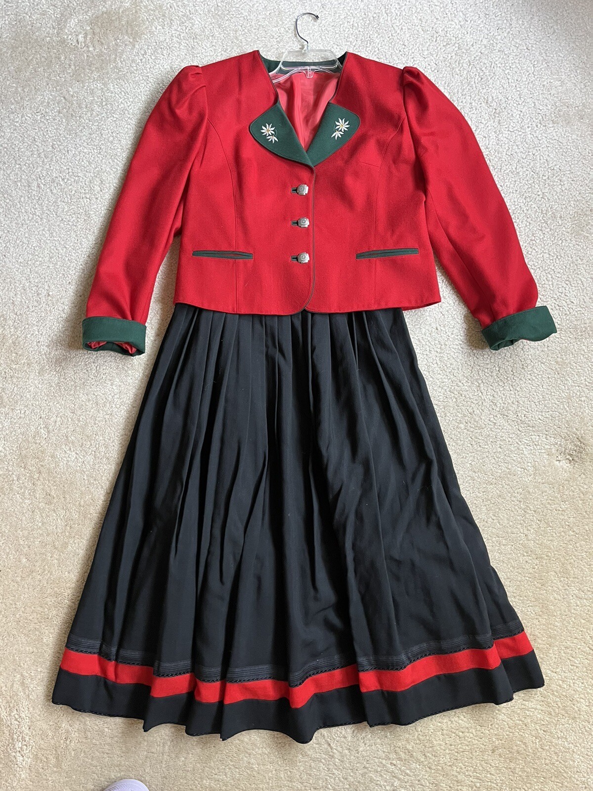 HELENE STRABER German Wool Jacket Pleated Skirt Embroidered Flowers ...