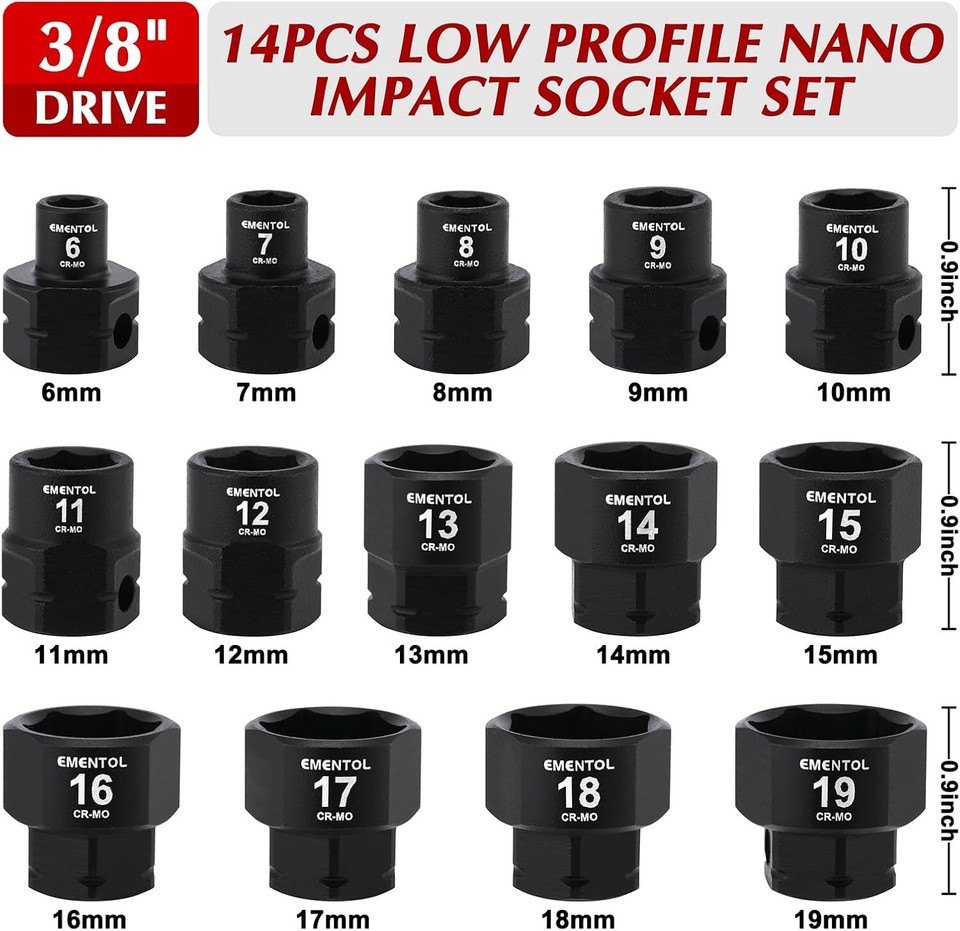 14PCS 3/8" Drive Low Profile Nano Impact Socket Set Metric, 6mm-19mm ...