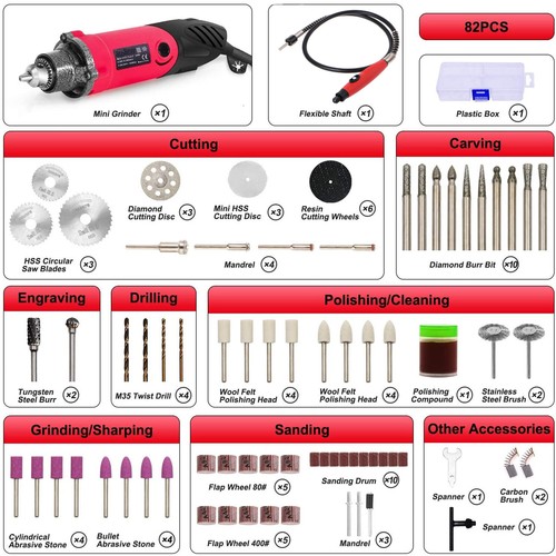 82 Pieces Rotary Tool Kit Accessories Grinder Set Variable Speed With ...