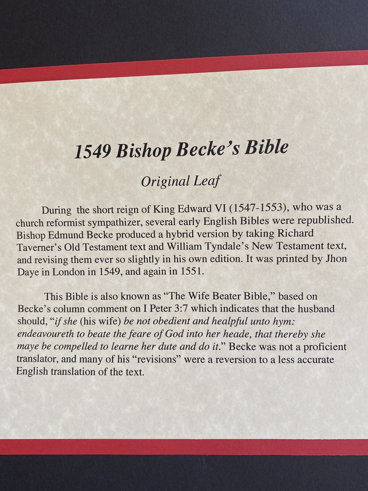 1548 Bishop Beck’s Bible TYNDALELEAF 1ST ED “Wife Beater" BIBLE ...