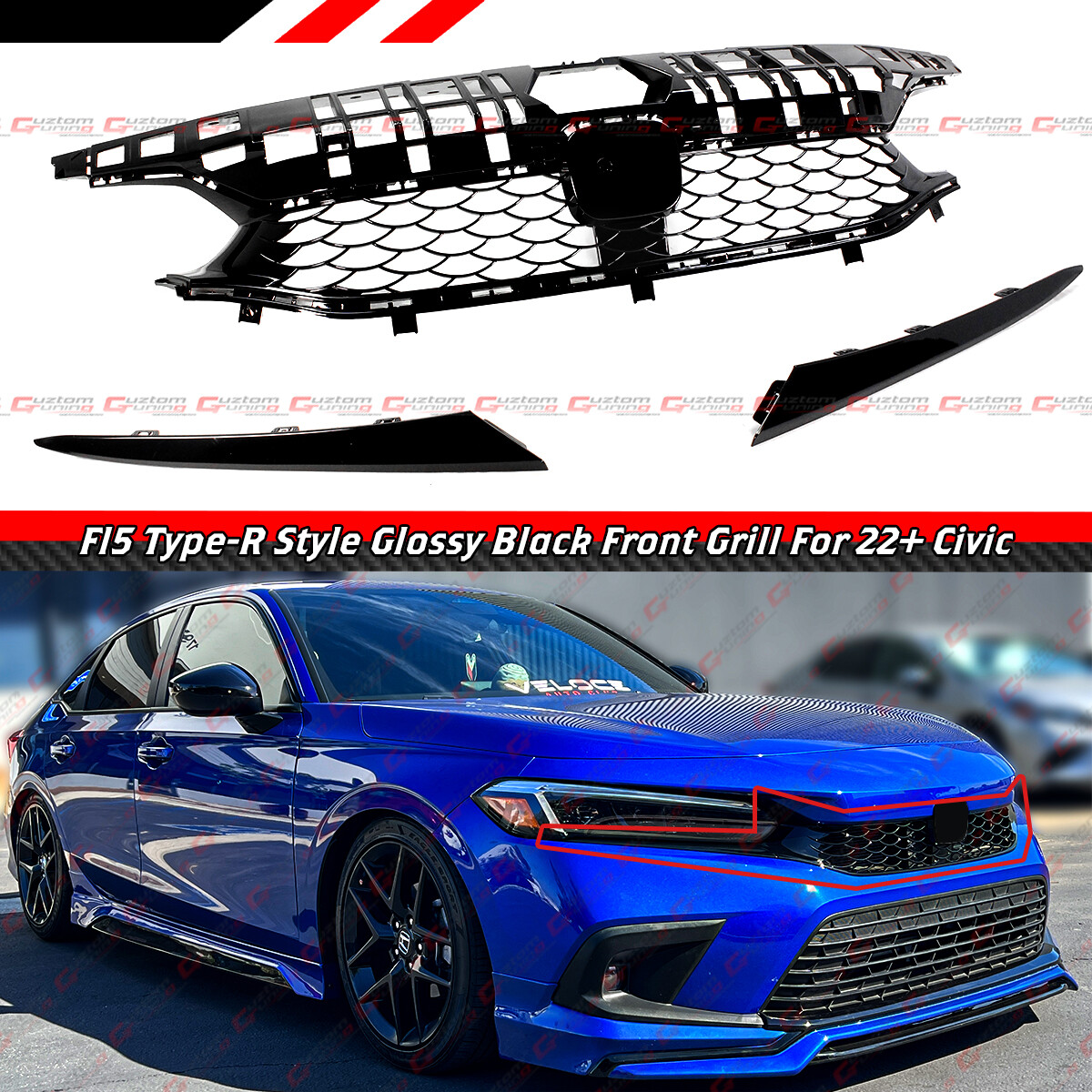 For 2022-24 Honda Civic 4dr Sedan FL5 Type-r Style Mesh Gloss Black ...