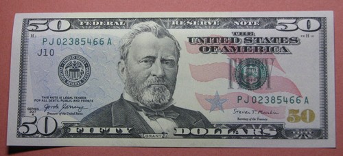 Serial Number PJ 02385466 A $50 Note Fifty Dollars Bill Uncirculated ...