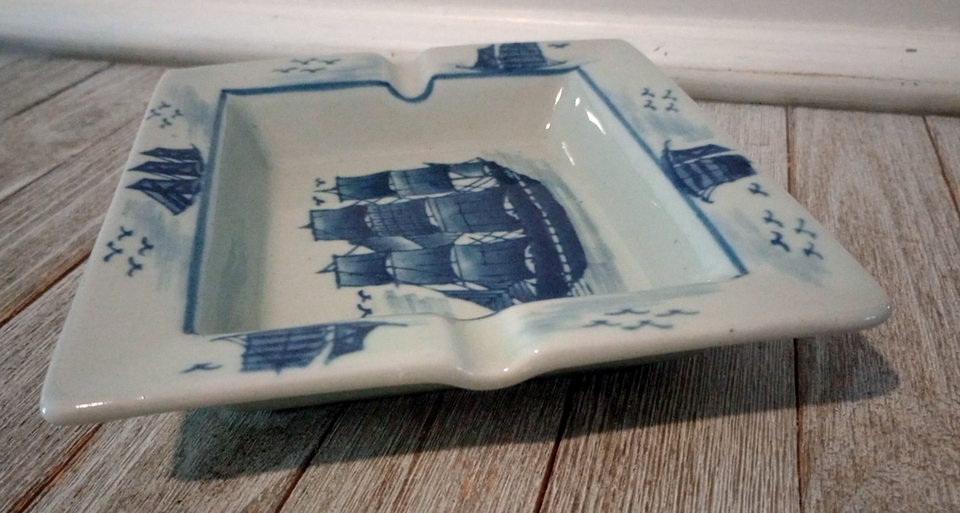 Vintage Nantucket Home Blue & White Pottery Sailing Ship Ashtray | eBay