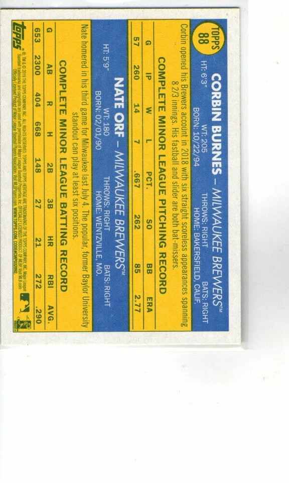 2019 Topps Heritage #88 Nate Orf RC/Corbin Burnes RC Brewers | eBay