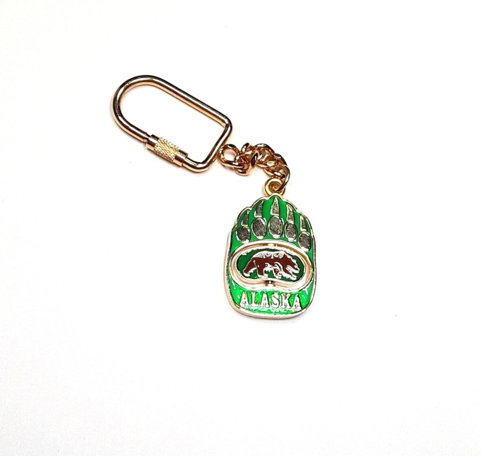 Alaska Grizzly Bear Paw Green Gold Tone Souvenir Spinner Keyring ...