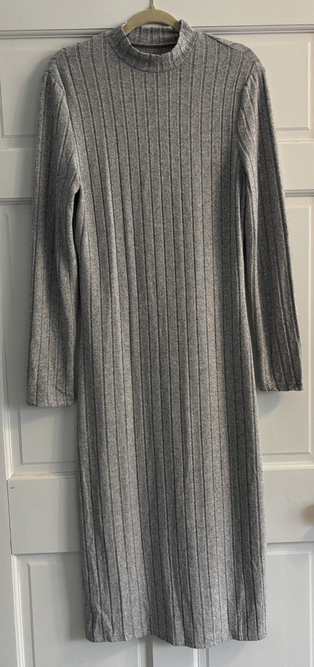 Gray Knit Sweater Dress Long Sleeve Turtleneck Striped Midi Pullover ...