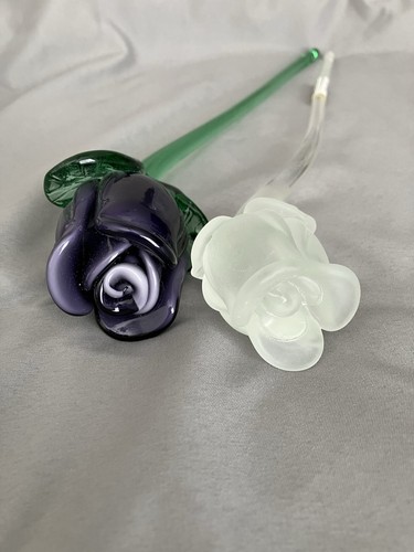 Roses Glass Clear/White & Purple Flowers Long Stem Blown Glass 14” Set ...