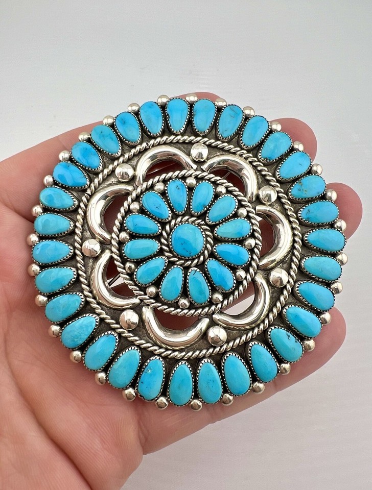 ALICE QUAM Zuni Sterling Silver Turquoise Cluster Pin Brooch Pendant 3. ...