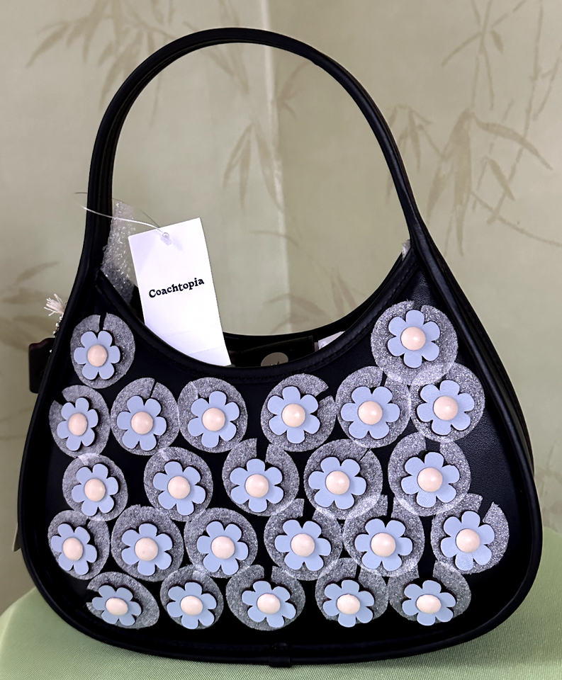 COACH COACHTOPIA ERGO BAG w/MINI FLOWER APPLIQUE:NWT BLACK/ICE BLUE ...