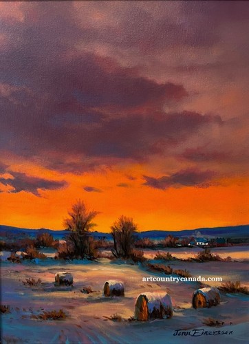 Jonn EINERSSEN ORIGINAL Oil on Canvas " Early Snow " Sunset Grain red ...