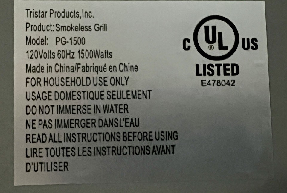 Tristar Products 1500w Smokeless Grill With Fan PG-1500 [Complete ...