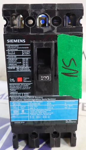 NEW SURPLUS - Siemens ED43B100 Circuit Breaker 100 Amp 3 Pole 18kA ...