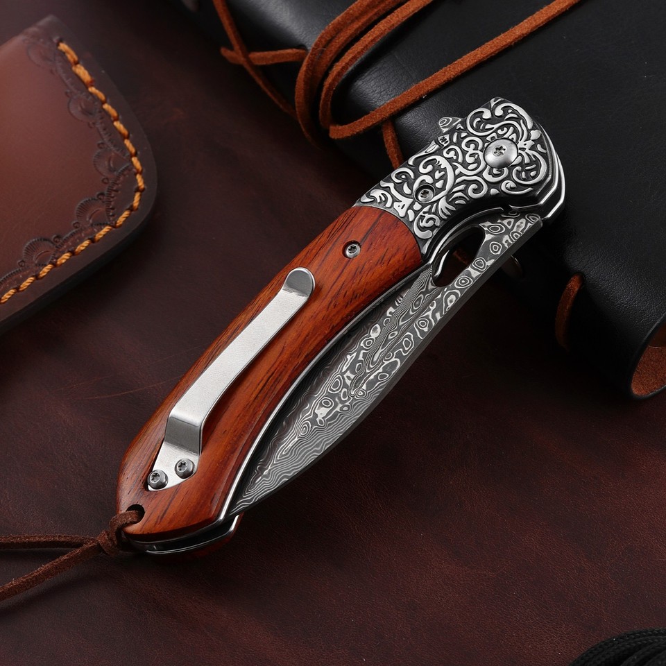 Chamaki Damascuse Folding Knife Sandelwood Handle Razor Sharp EDC ...