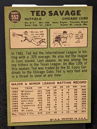 1967 Topps Baseball 552 Ted Savage EXMT-NM Sharp corners | eBay