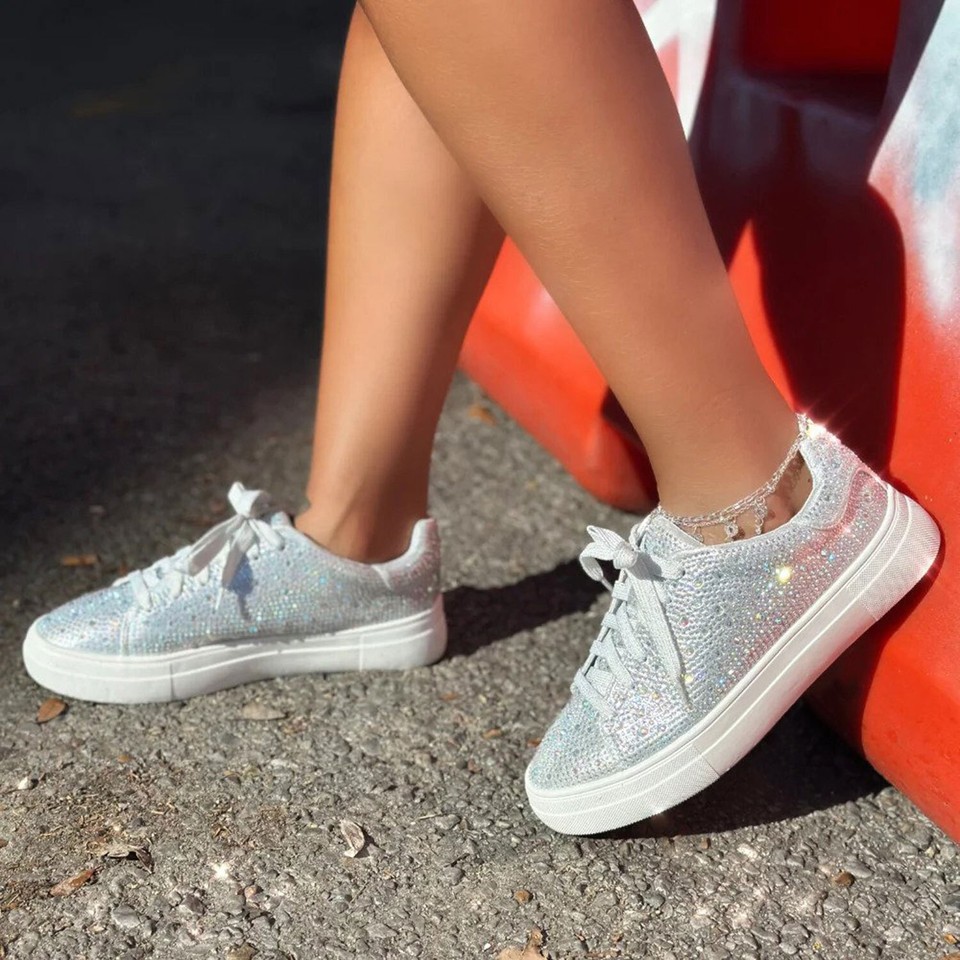 New Women Bling Rhinestone Crystal Pavé Lace Up Sneakers Round Toe Flat ...
