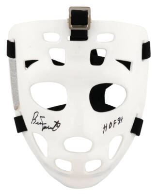 Bernie Parent Signed White w/ Black Straps T/B Hockey Goalie Mask w/HOF ...