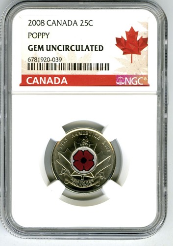 2008 CANADA 25 CENT NGC GEM UNC POPPY QUARTER COLORIZED RARE GRADE LOW ...