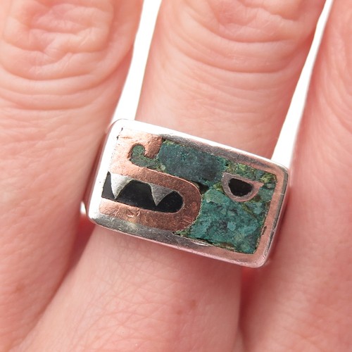 925 Sterling Silver 3-Tone Vintage Mexico Enamel Real Azurite Aztec ...